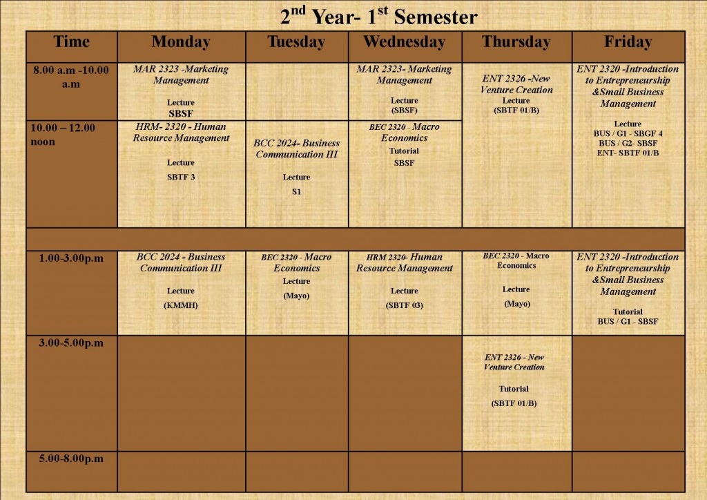 Lecture Schedule-1st Semester 2016 | Department of Entrepreneurship