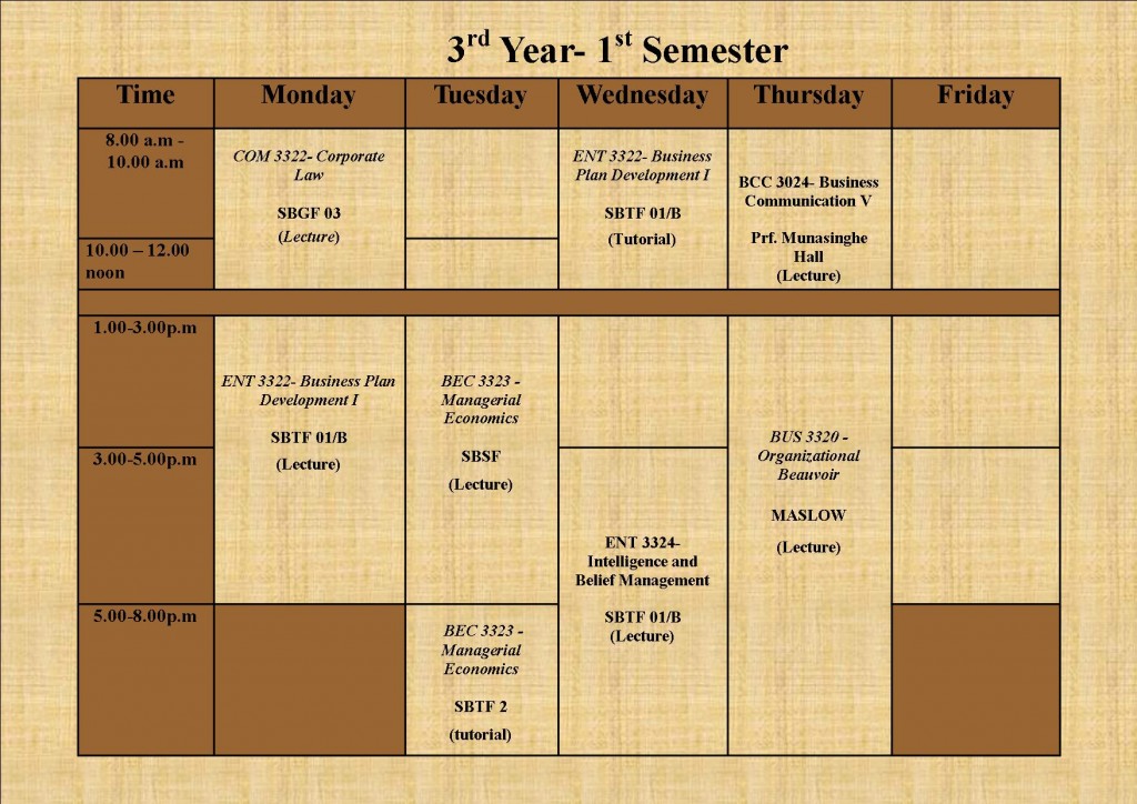 Lecture Schedule-1st Semester 2016 | Department of Entrepreneurship