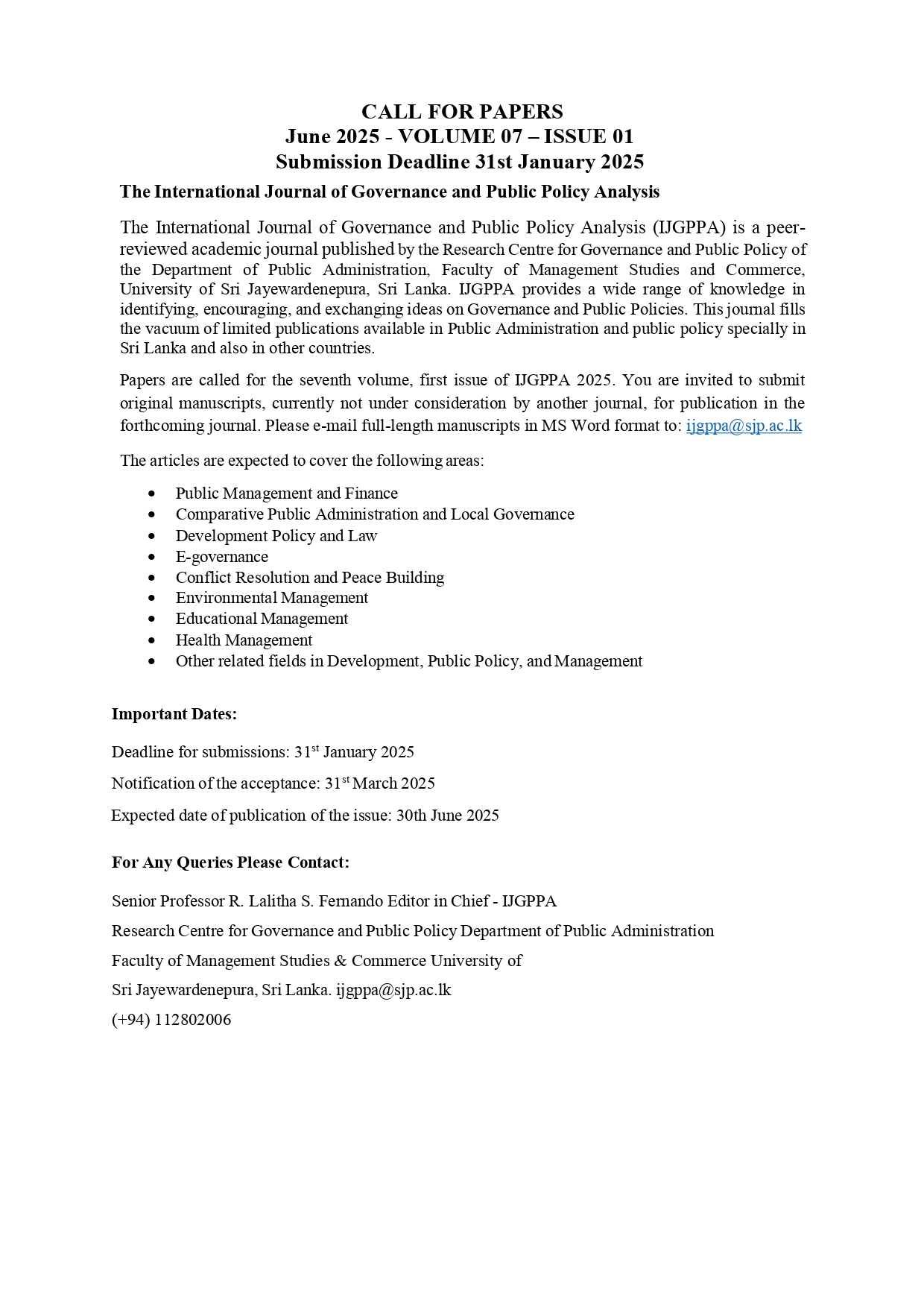 Call for Papers- The International Journal of Governance and Public ...